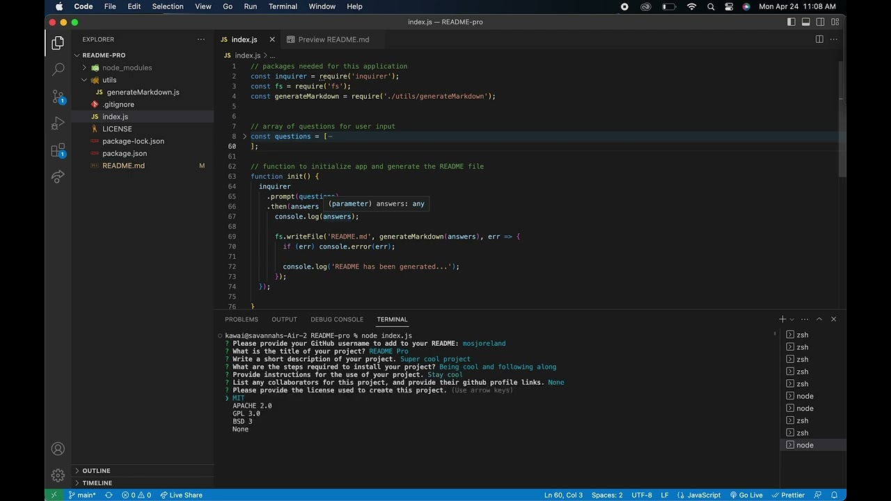 Node.JS README file generator demo