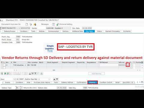 Vendor Return Process with SD Delivery and Return Delivery against material document
