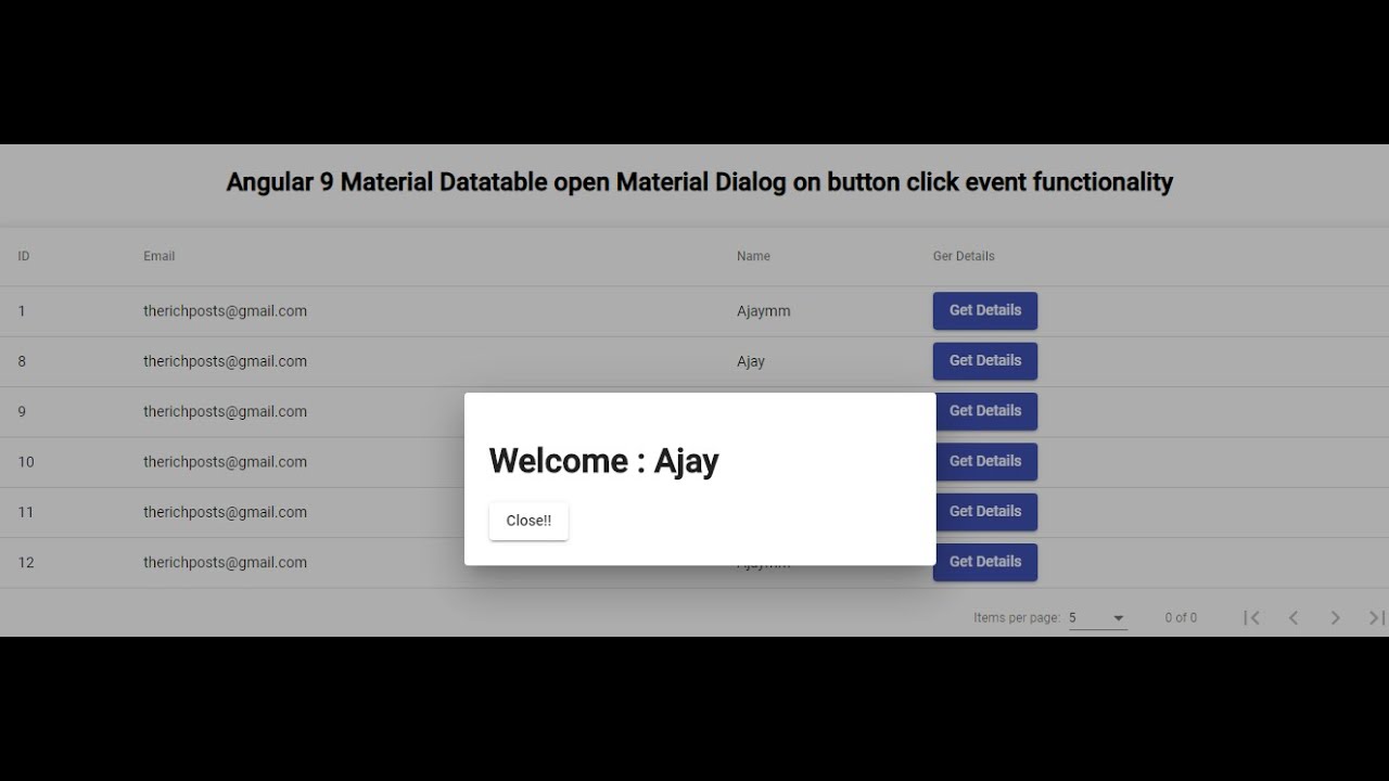 Angular 9 Material Datatable open Material Dialog on button click event functionality