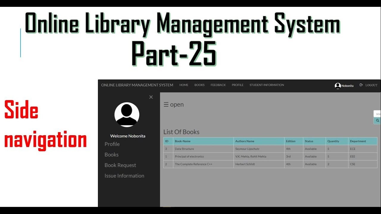 Library management system part-25 | Side Navigation with HTML,CSS, Javascript