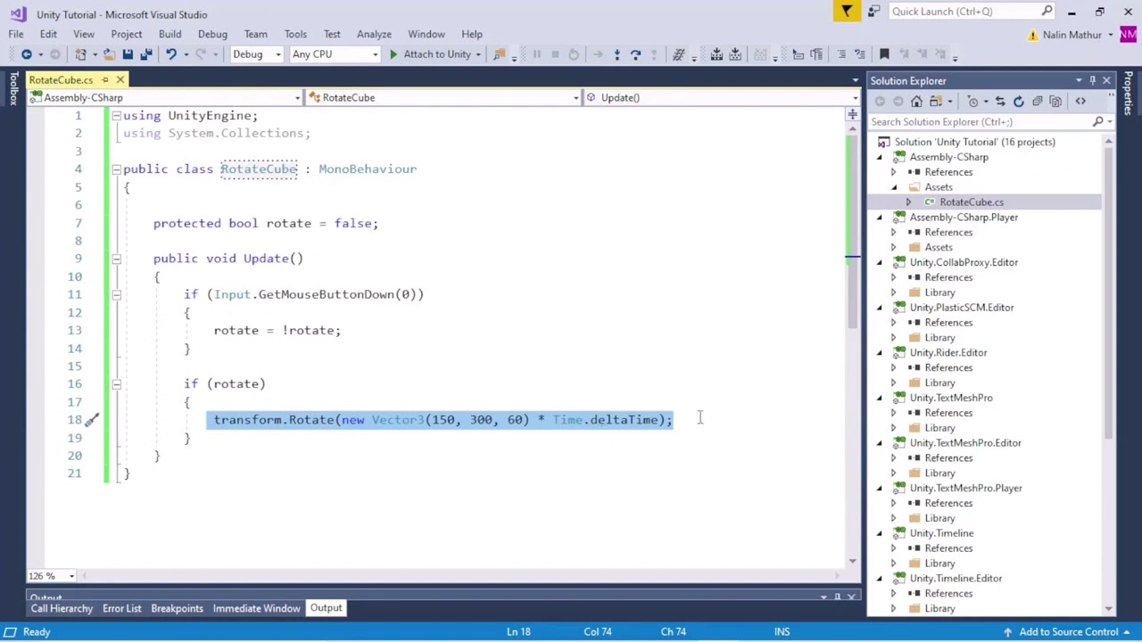 Unity C# Scripting Concepts - Rotate Cube On Click (In Brief)