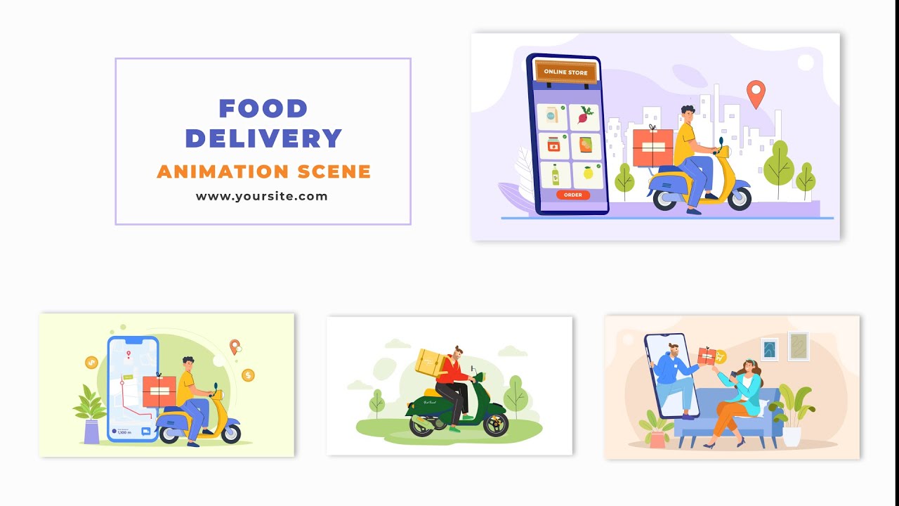 Flat 2D Vector Food Delivery Character Animation Scene After Effects Template