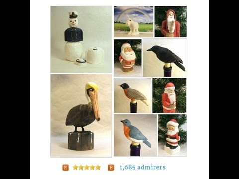 Hand Carved Wood Santas, Snowmen, Bottle Stoppers by