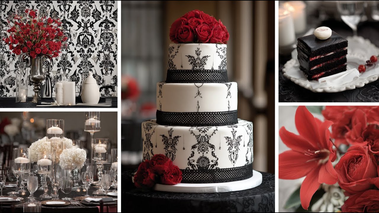 Elegant Black, White, and Damask with Red Accents Wedding Theme: Ideas & Inspiration