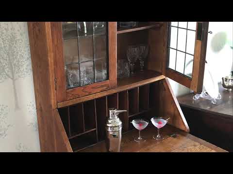 Edwardian Arts and Crafts Oak Bookcase Bureau or Unusual Cocktail Cabinet.