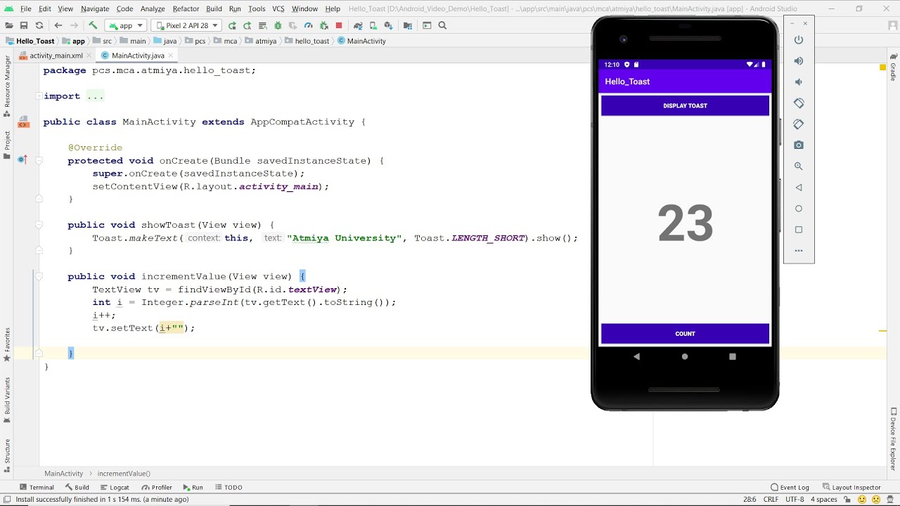 Toast, Button & TextView in Android using Java