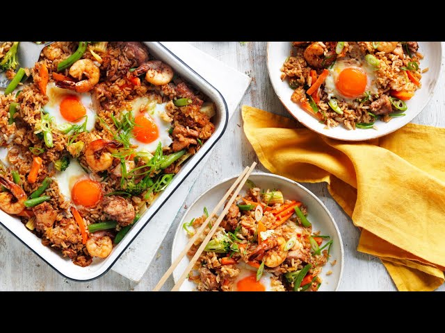 Tray Bake Egg Fried Rice Recipe | myfoodbook