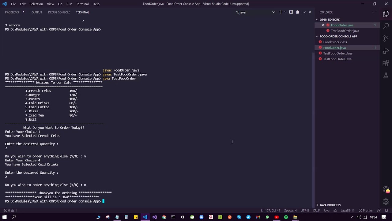 Food Ordering Menu Driven console application using java