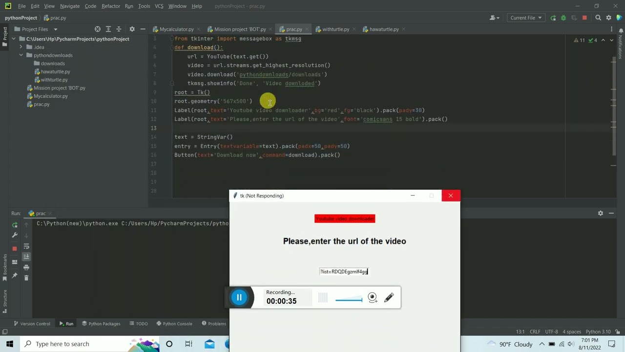 Youtube video downloader (GUI)...... using python tkinter....