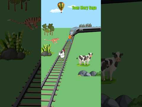 Farmer is running as the tiger is running. Farm Animals are eating and the train is approaching fast