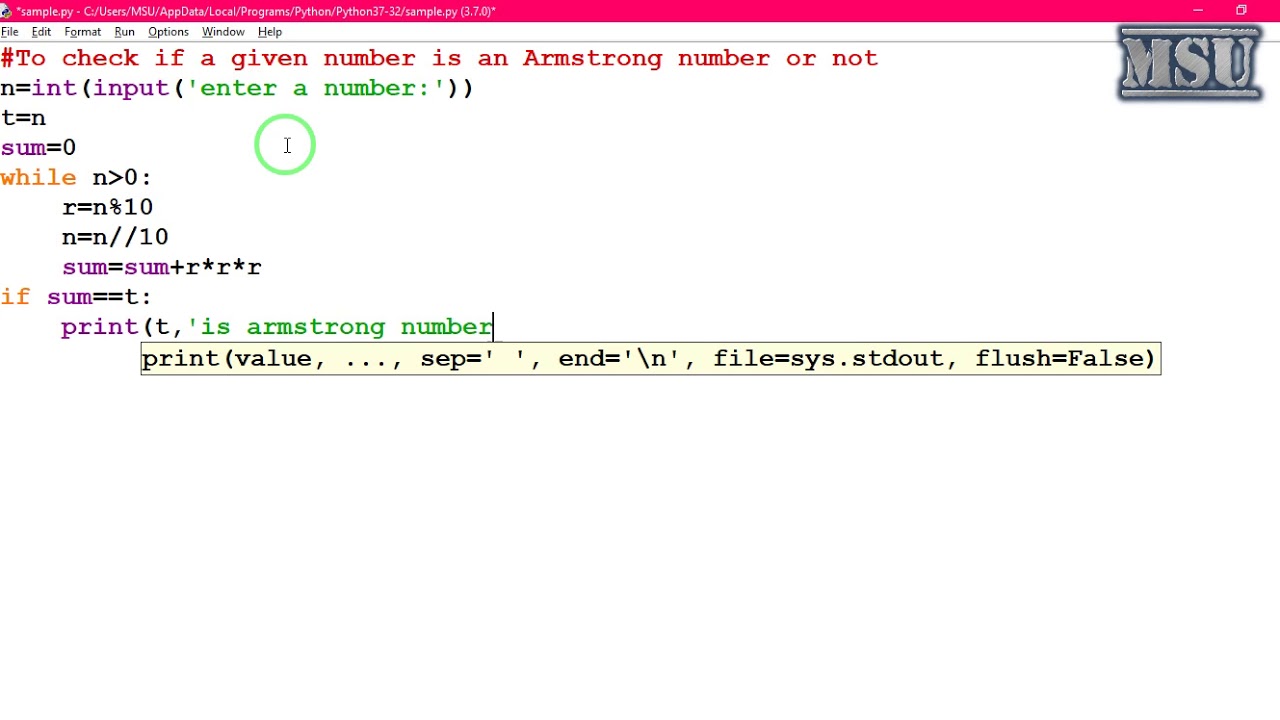 GE8161 Problem Solving and python Programming Lab 11   To check if a given number is an Armstrong
