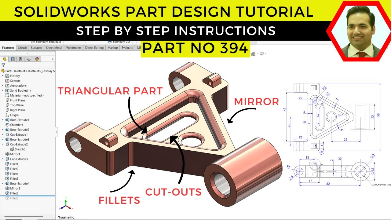 SolidWorks Tutorial: Triangular Mechanical Bracket | Advanced 3D Modeling | Part No 394
