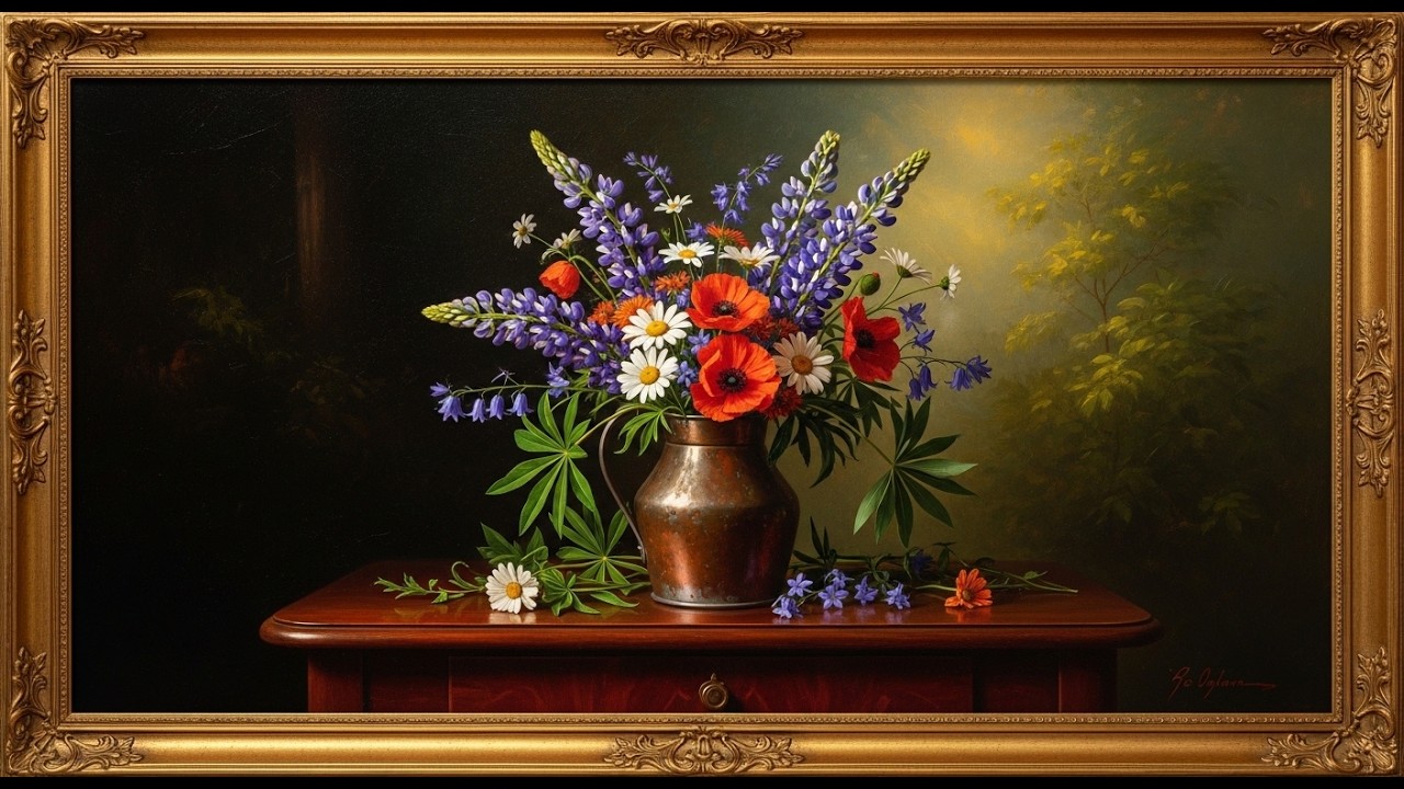 Frame TV Art Music: Antique Style Countryside Flowers | Classic Poppy & Daisy Painting.