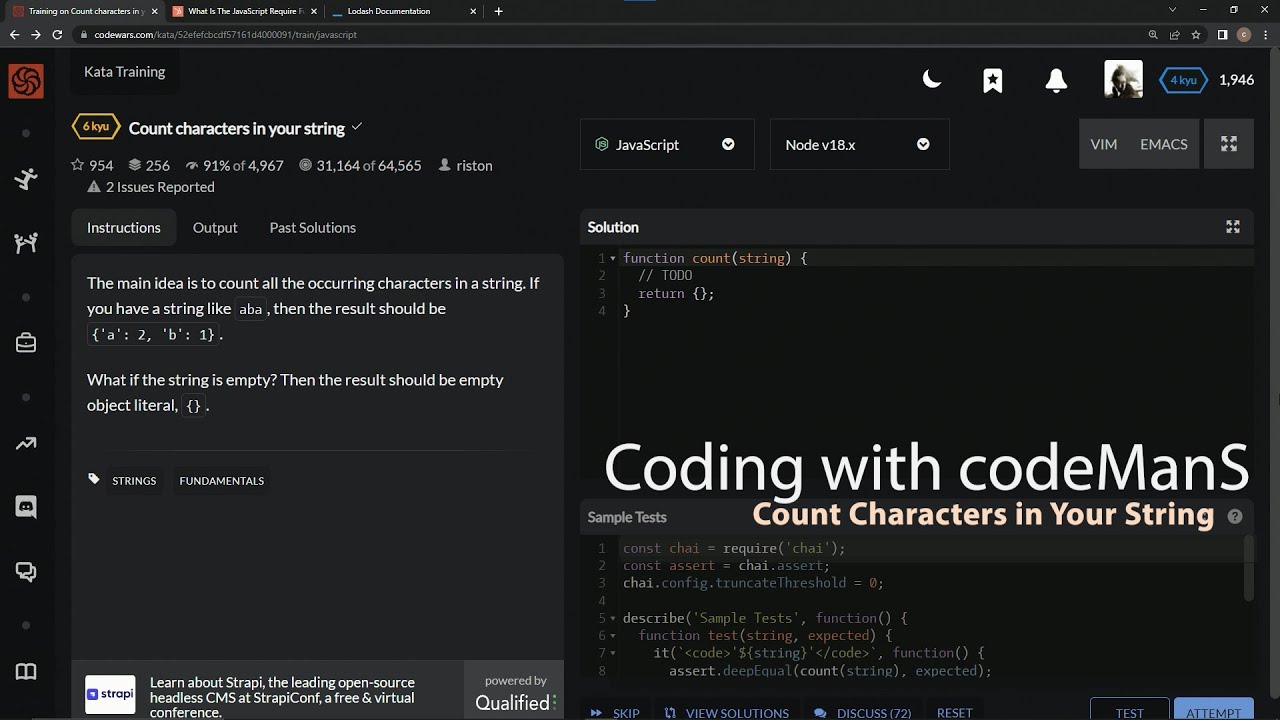 Learn Javascript | Codewars 6 kyu Season 2 - Count Characters in Your String