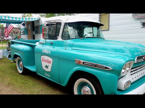1967 Go-Tag-Along Camper pulled by a 1959 Chevy Apache truck