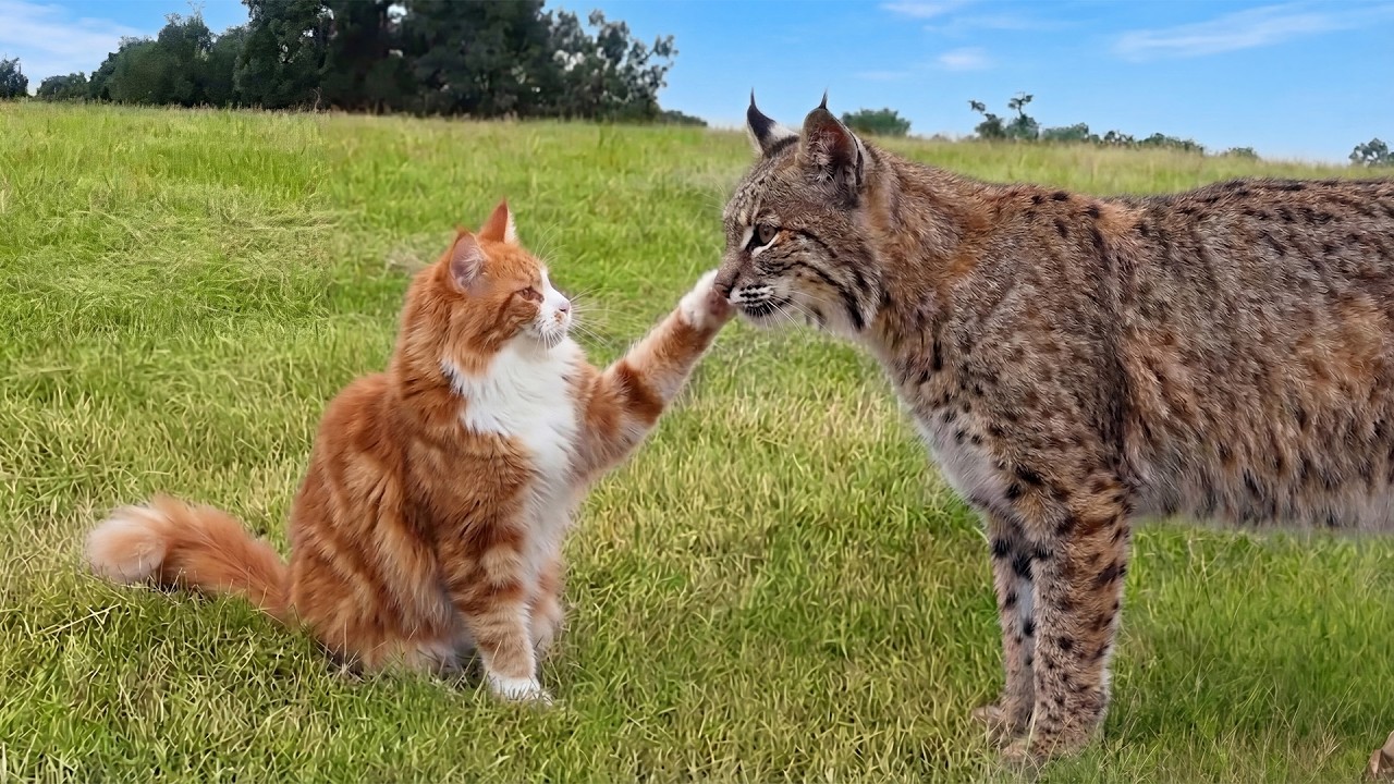 Bobcat Tried Flirting With a Fluffy Maine Coon… In the Form of Agitated Moaning!