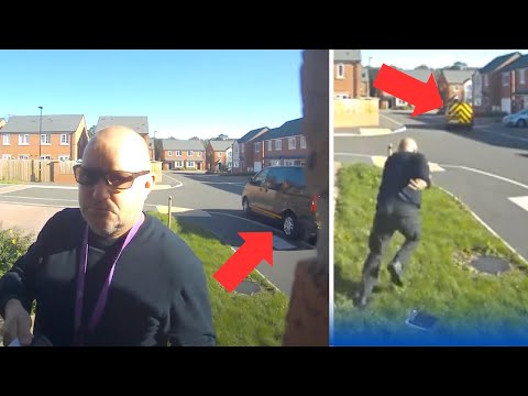 Hilarious moment bailiff sprints after his van as it rolls down a hill during debt collection