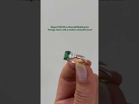 Silver Emerald Wedding Ring Set, Minimalist Green Emerald Ring, Stackable Curved Band #viralvideo