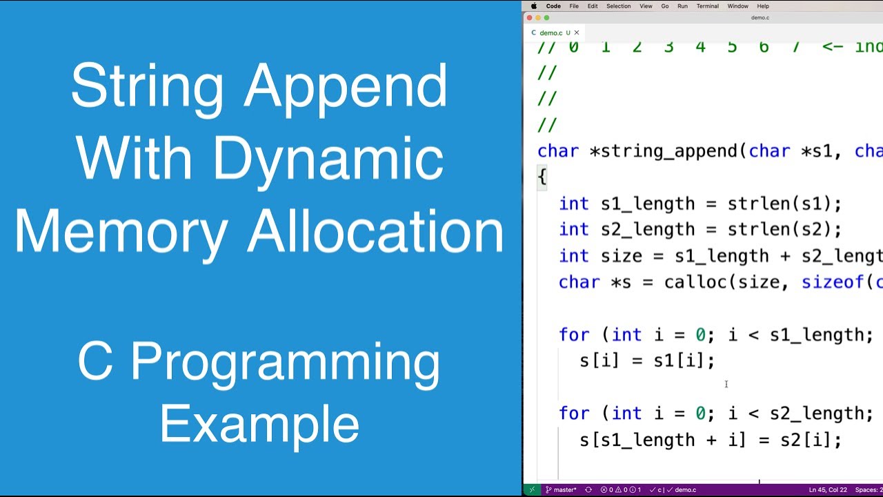 String append (i.e. concatenation) with dynamic memory allocation | C Programming Example