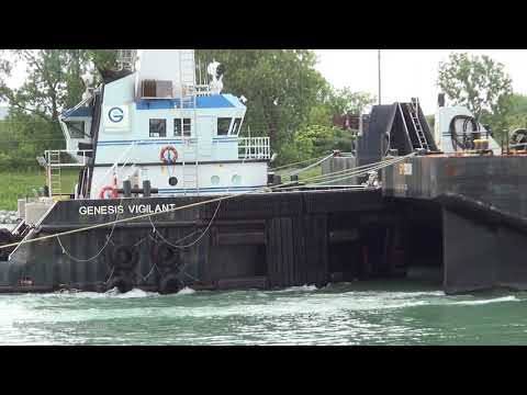 Tug GENESIS VIGILANT & barge GM8001 pass damaged ship FLORENCE SPIRIT at Wharf 10 Welland Canal 2020