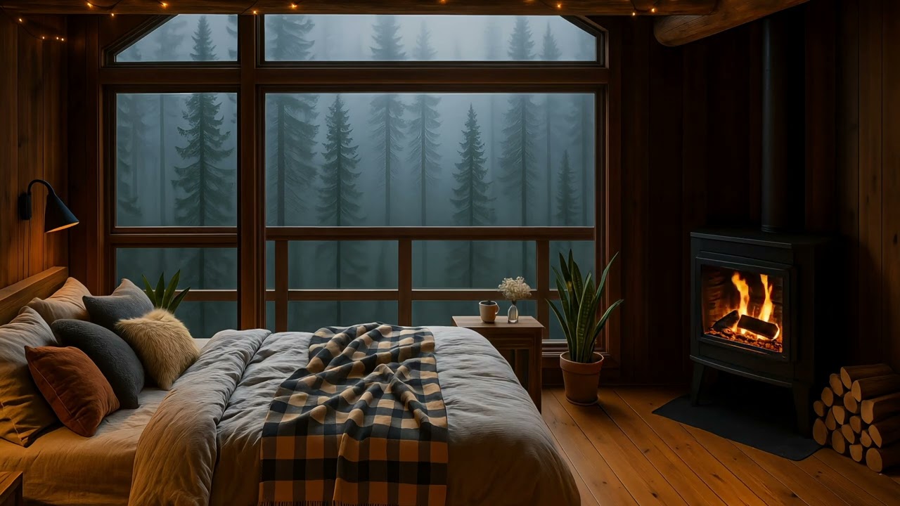 Cozy Cabin Bedroom with Fireplace Ambience 🌲 Foggy Forest View | 3 Hours Relaxing Fire Sounds 4K