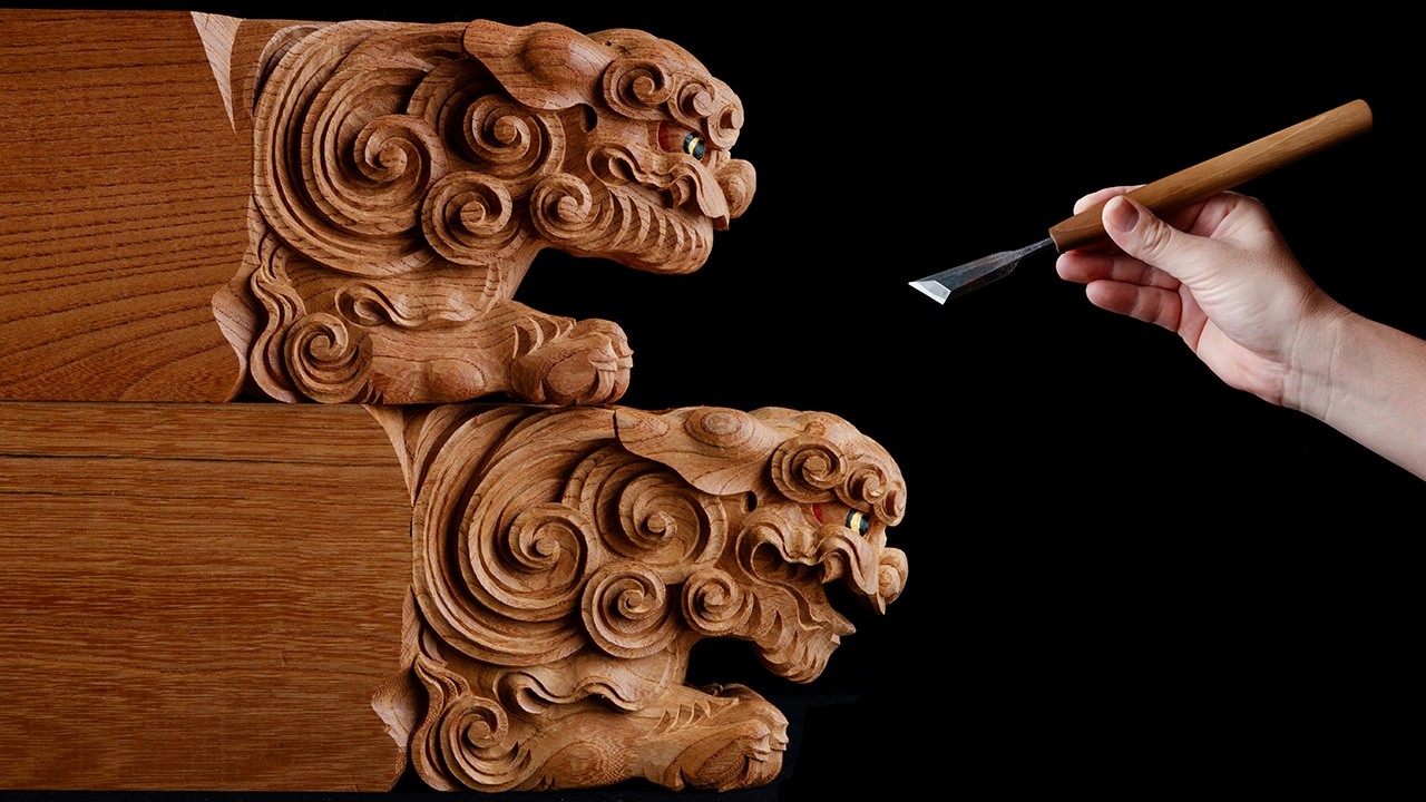 Master Woodcarving: Crafting a Pair of Japanese Guardian Lions for Temple Architecture
