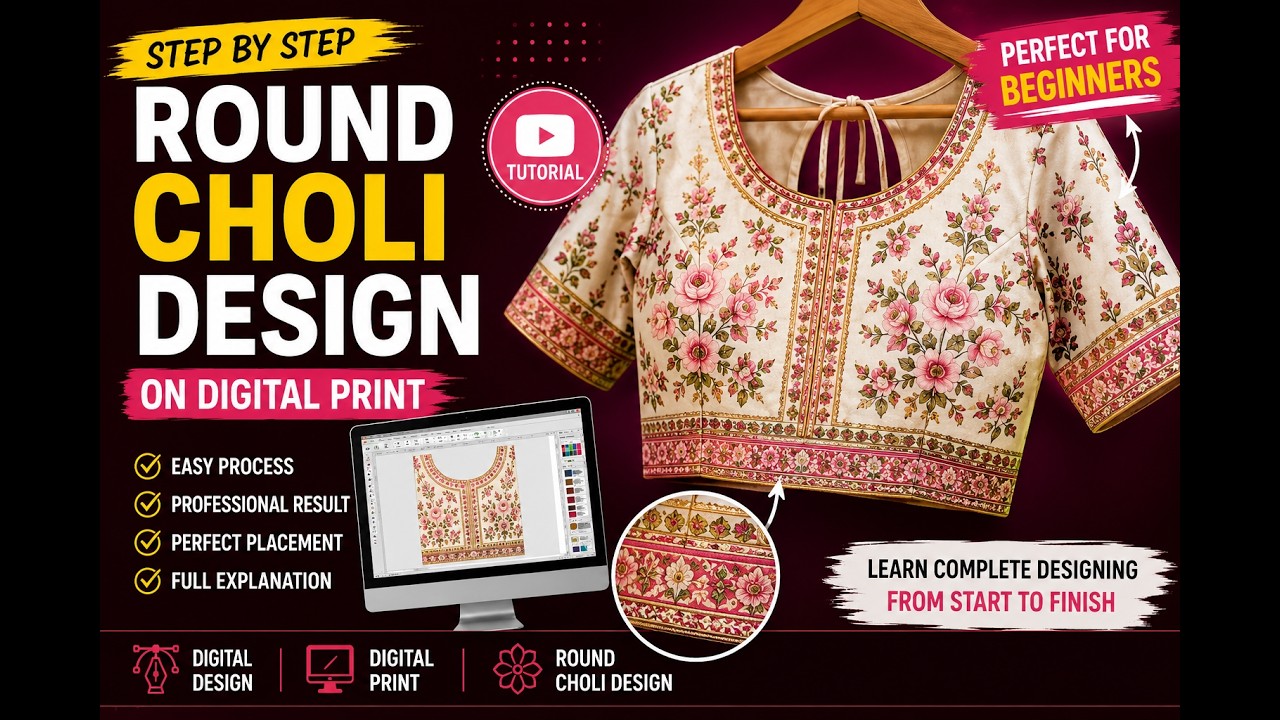 How To Create Round Choli Design on Digital Print | Full Tutorial