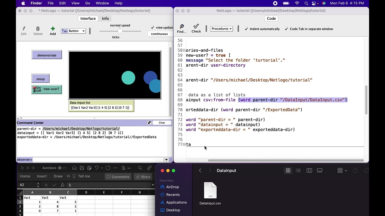 Netlogo import and export csv data beginner tutorial ~ csv extension