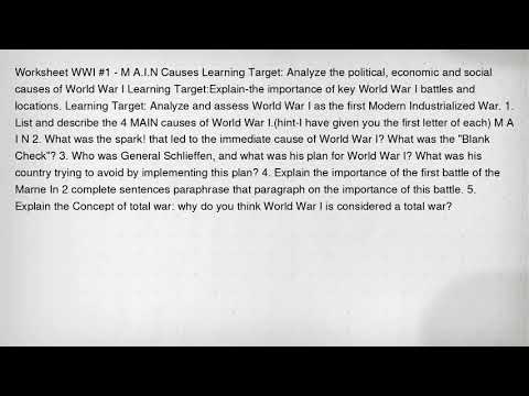 Worksheet WWI #1 - M A.I.N Causes Learning Target: Analyze the political, economic and social causes