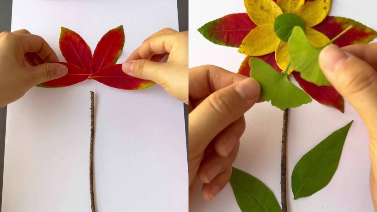 Autumn leaves can also collage beautiful flowers and butterflies!  Leaf stickers Kindergar