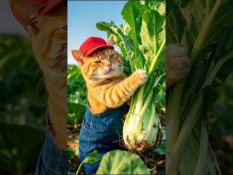 Gardening cats harvest mustard greens and sell them.