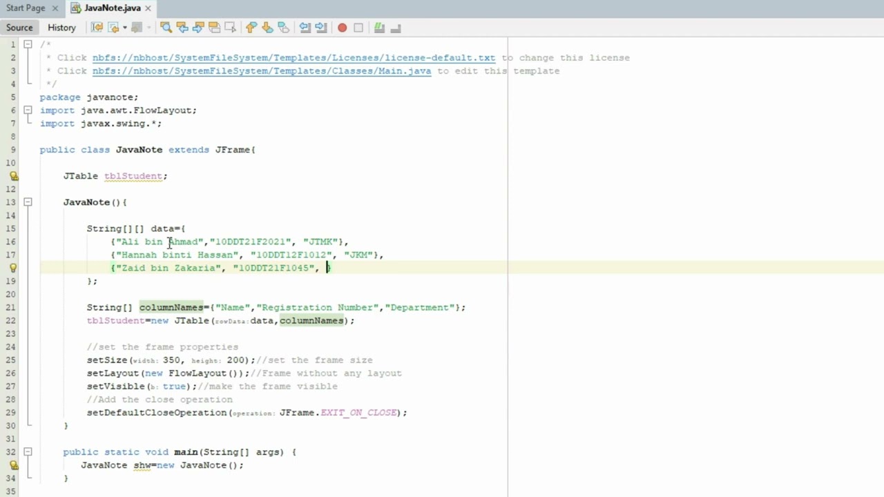 Integrative Programming and Technologies - Java Swing JTable