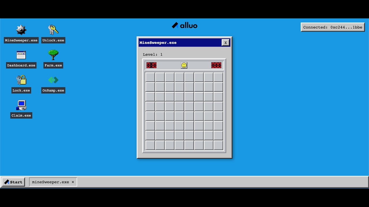 Alluo windows 95 design showcase - react95, recoil, web3JS, graphQL