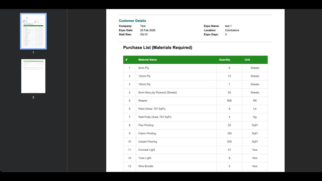 Export Professional PDF BOQs & Vendor Purchase Lists | FabCal