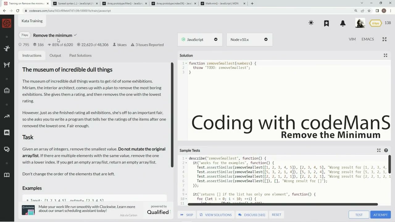 Codewars 7 kyu Remove the Minimum JavaScript
