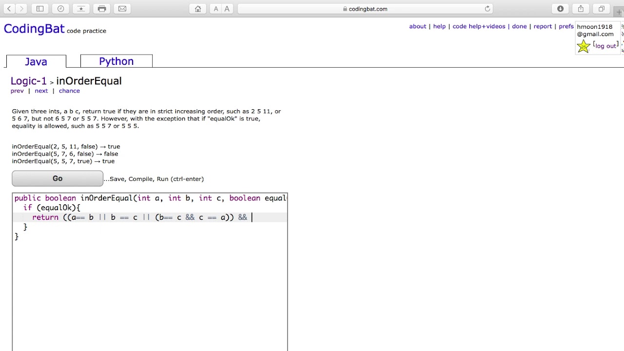 Logic 1 (inOrderEqual) Java Tutorial || codingbat com