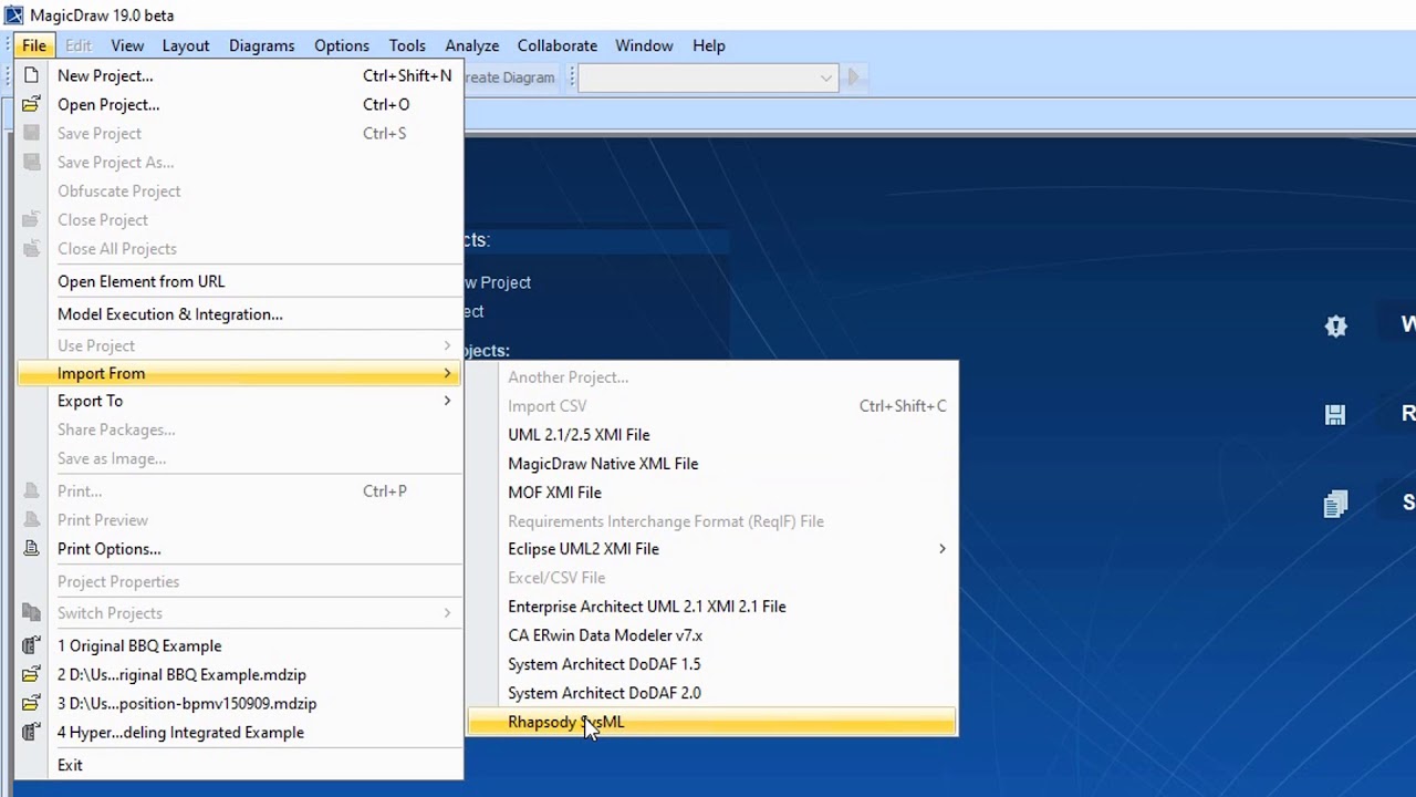 MagicDraw User Interface: File Menu