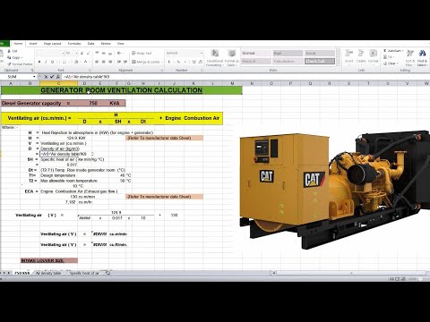 Generator room Ventilation Calculation and Louver sizing using spreadsheet