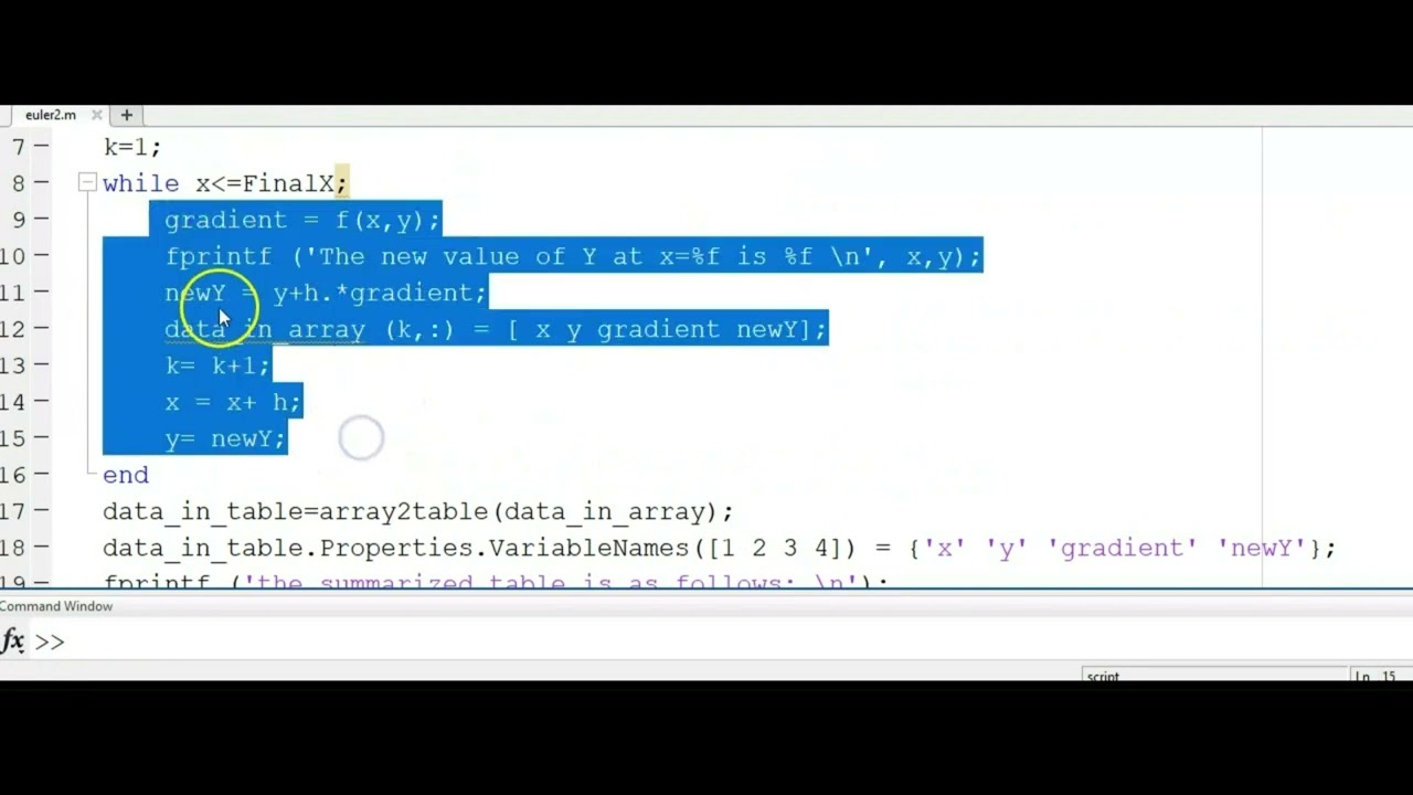 Matlab Code for Euler method in solving ODE (Ordinary Differential Equation)