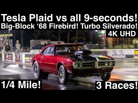Gutted Tesla Plaid Drags Turbo Silverado and '68 Firebird With Big ...