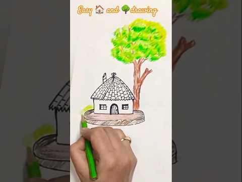 How to draw a TREE🌳 |How to draw HUT 🏠with # colorpencils #tree #house #shorts #art #sketch