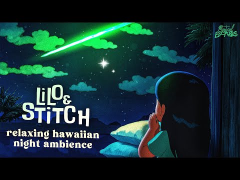Lilo & Stitch Nighttime Ambience 🌙 Soft Vintage Hawaiian Music & Ocean Sounds from a Cozy Window
