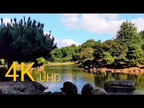 4K Slow TV - 'Ju Raku En'  Water course into lake surrounded by Japanese gardens.
