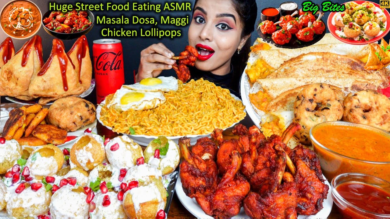 Eating Samosa,Masala Dosa,Dahi Puri,Chicken Leg Piece South Indian Street Food ASMR Eating Mukbang