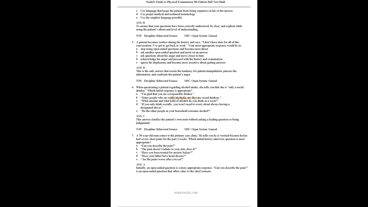 Ball Seidel’s Guide to Physical Examination, 9th Edition, complete test bank; questions and answers