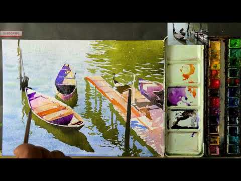 Wooden Boats & Reflections: Watercolour Landscape Tutorial I Watercolour Painting I Raju More.