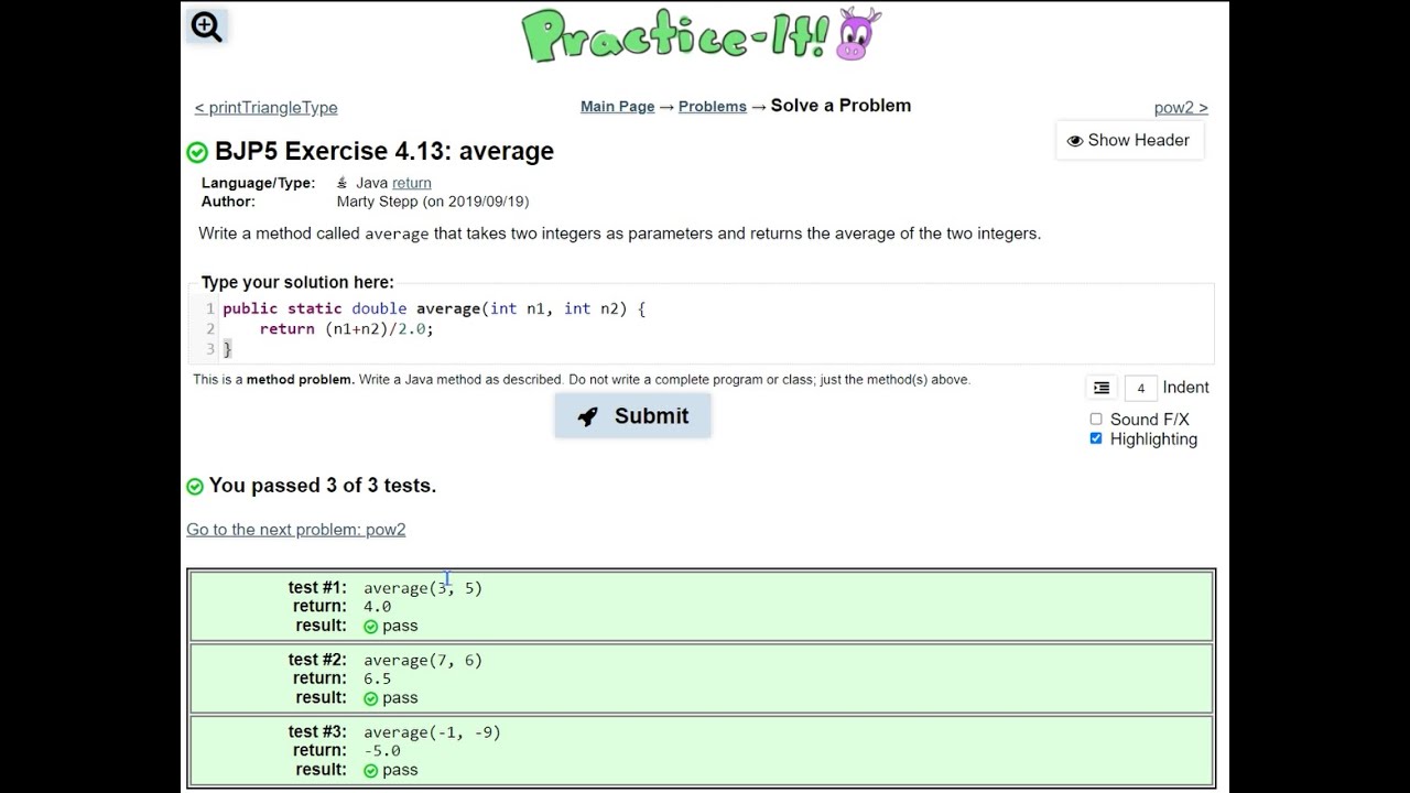 Java Practice It | Exercise 4.13: average | math, return statement