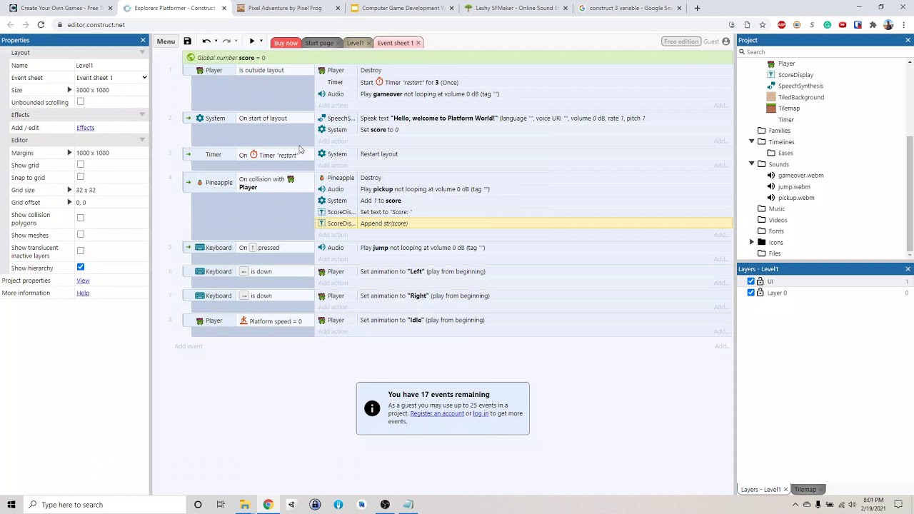 Construct 3 Platformer Tutorial - 12   Variable and Score