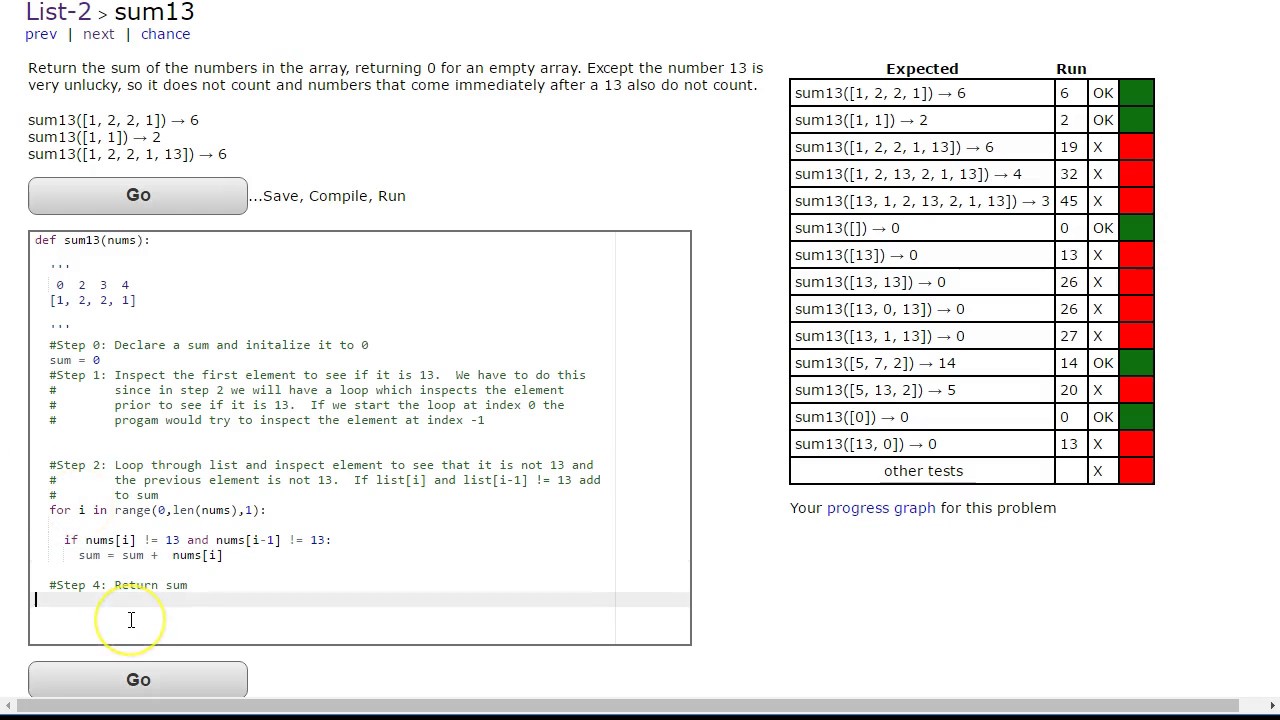 CodingBat - Sum13 (Python - Lists2)