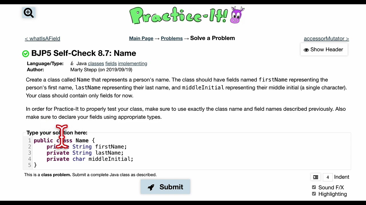 Java Practice It | Self-Check 8.19 constructorName | classes, implementing, instance method, String